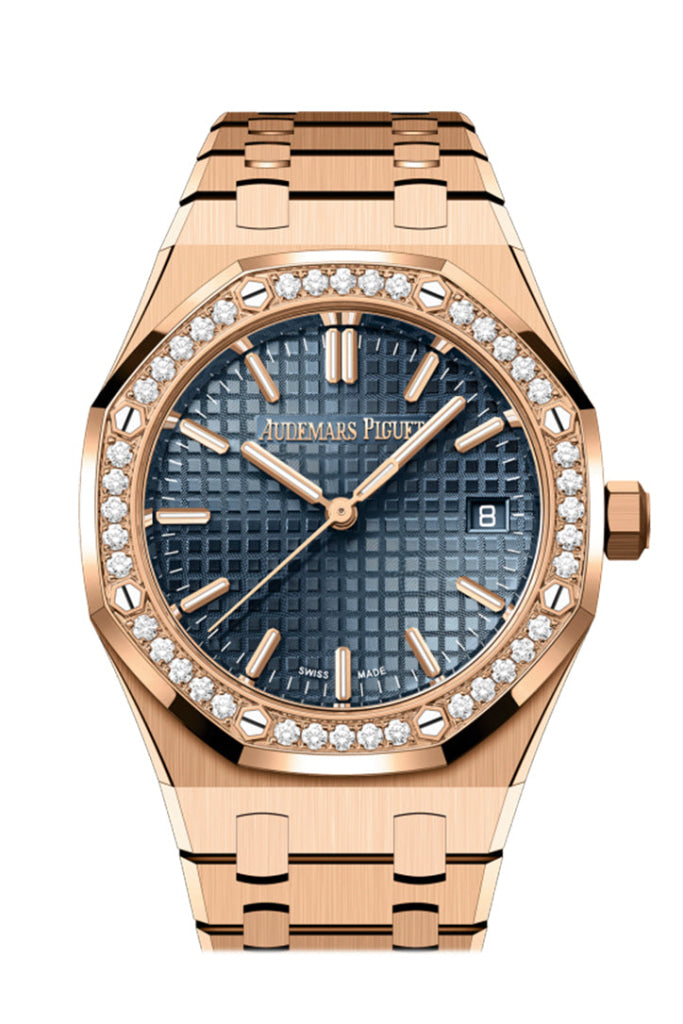 Audemars Piguet Royal Oak 34 Blue Dial Rose Gold Diamond Bezel 77451OR ...