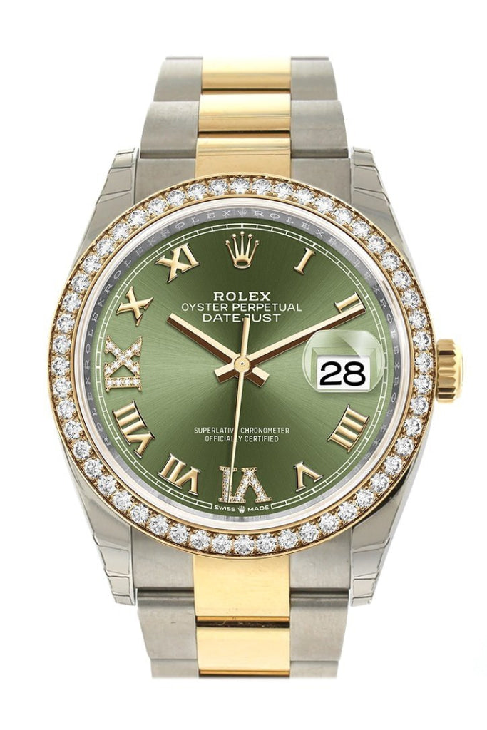 Rolex Datejust 36 Olive Green diamonds Dial Diamond Bezel Oyster Yello ...